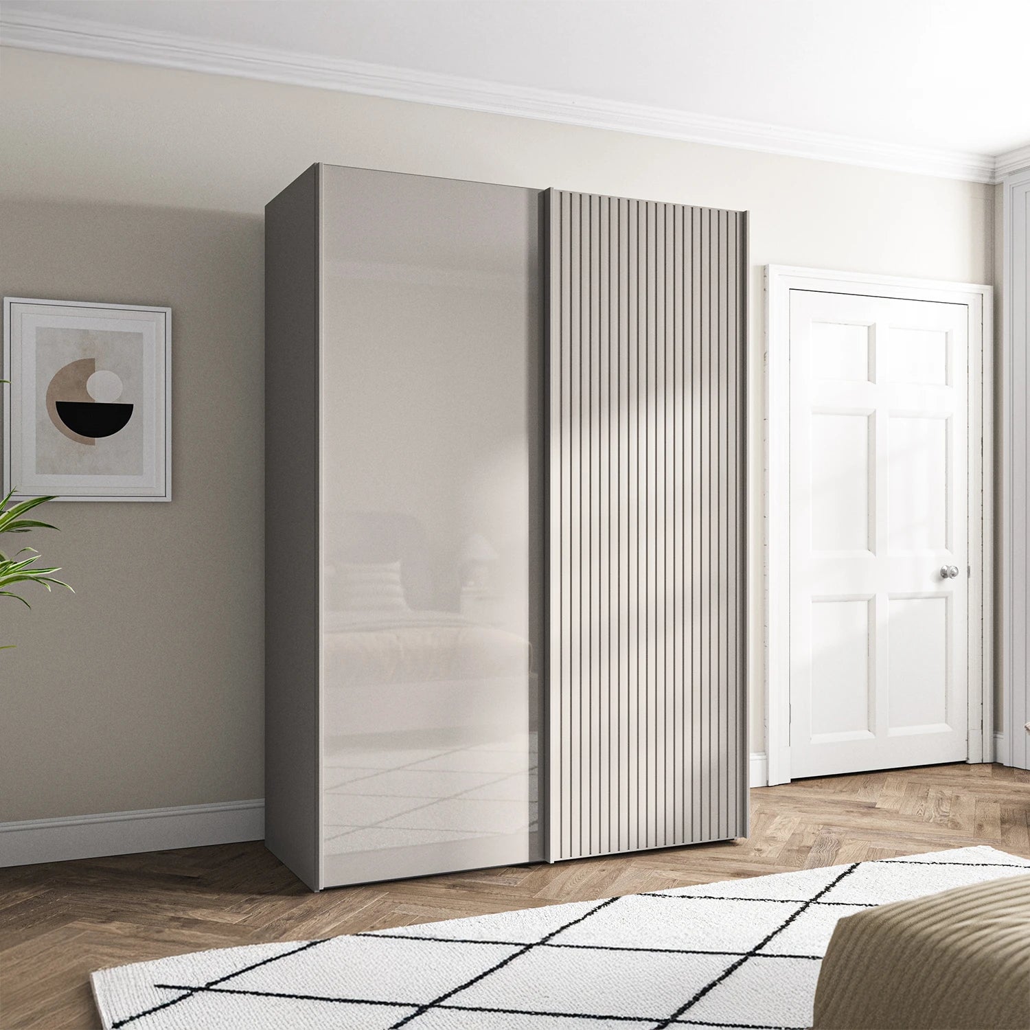 Tulsa Pebble Grey Glass & Slatted Sliding Wardrobe – Home Of Wardrobes